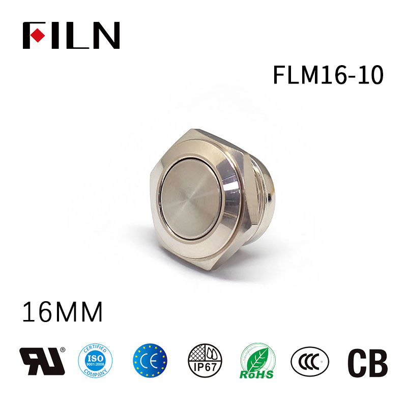 FILN Flat Head Metal Push Button 16mm Waterproof 2Pin Solder Terminal