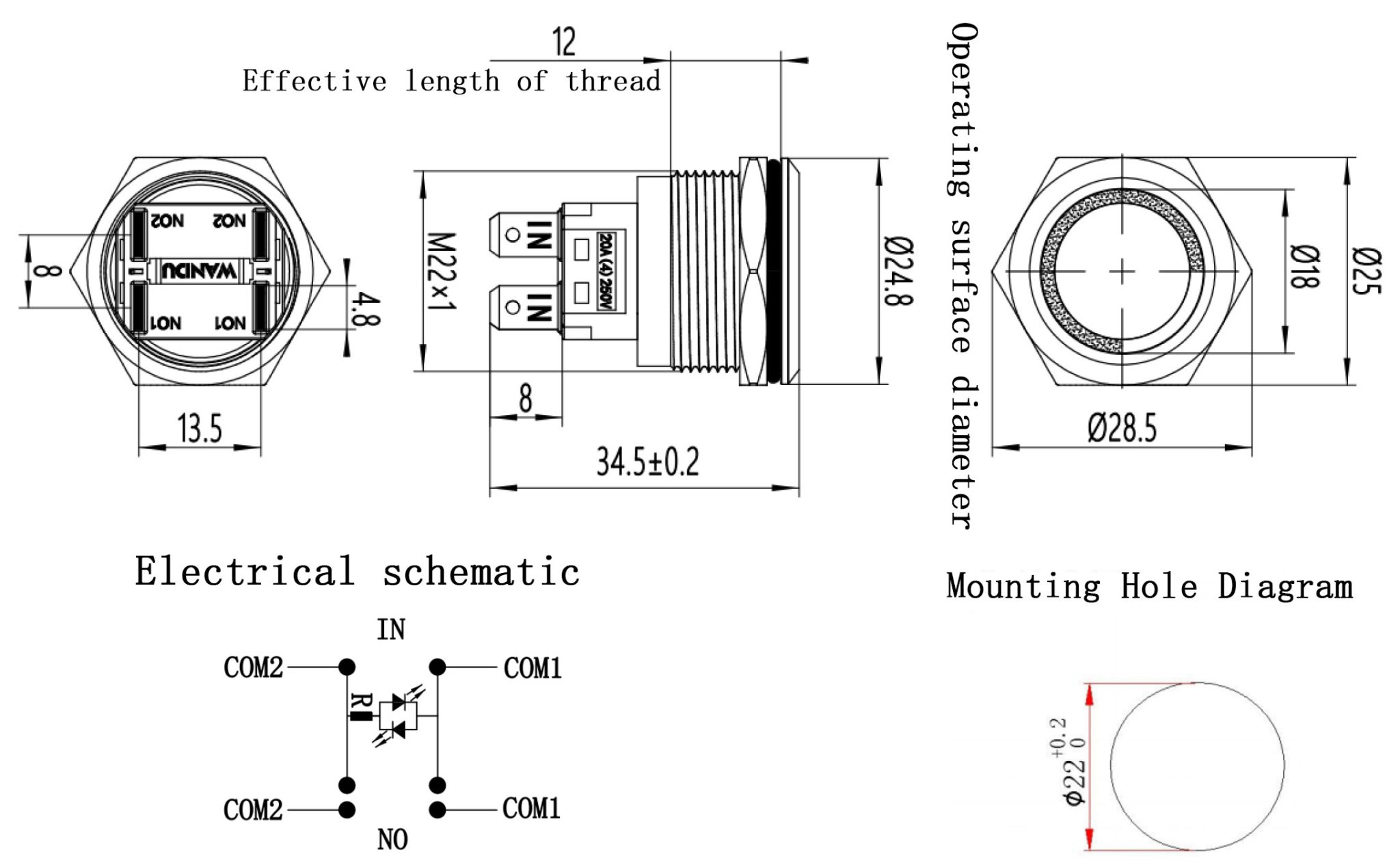 22MM High Current 12V 110V 220V 15A 20A PUSH BUTTON SWITCH